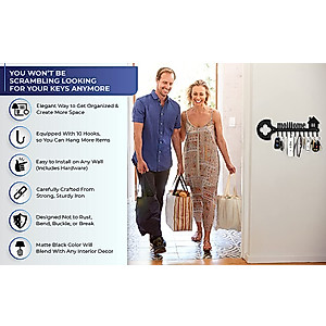 moiHome Key Organizer Wall Mount Rack - Decorative 10 Hook Iron Key Ring Holder for Wall - Ideal for Entryway, Front Door, Kitchen, Hallway - Includes Screws & Anchors – 5 x 14.75 Inches, Black