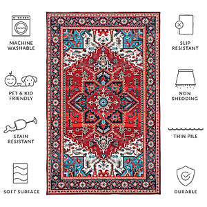 SAFAVIEH Tucson Collection Area Rug - 6'6" x 9', Red & Blue, Medallion Design, Non-Shedding Machine Washable & Slip Resistant Ideal for High Traffic Areas in Living Room, Bedroom (TSN101Q)