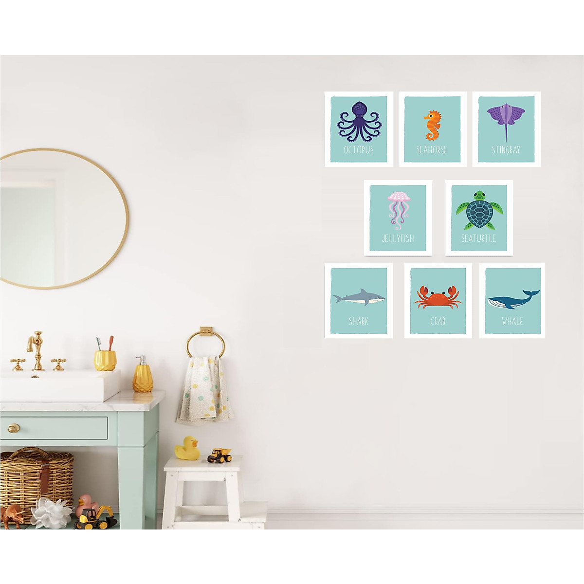 Kindred Sol Collective Ocean Animals Wall Cards, Nautical Nursery Room Decor, Kids Educational Marine Art, Toddler Gift, Set of 8 5x7 inch Prints for Classroom, Daycare and Playroom