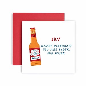 Huxters Birthday Cards for Men - Older Bud Wiser Son Birthday Card for him - Funny Fathers Day Card for Son Fun Happy Birthday - 14.8cm (Son)
