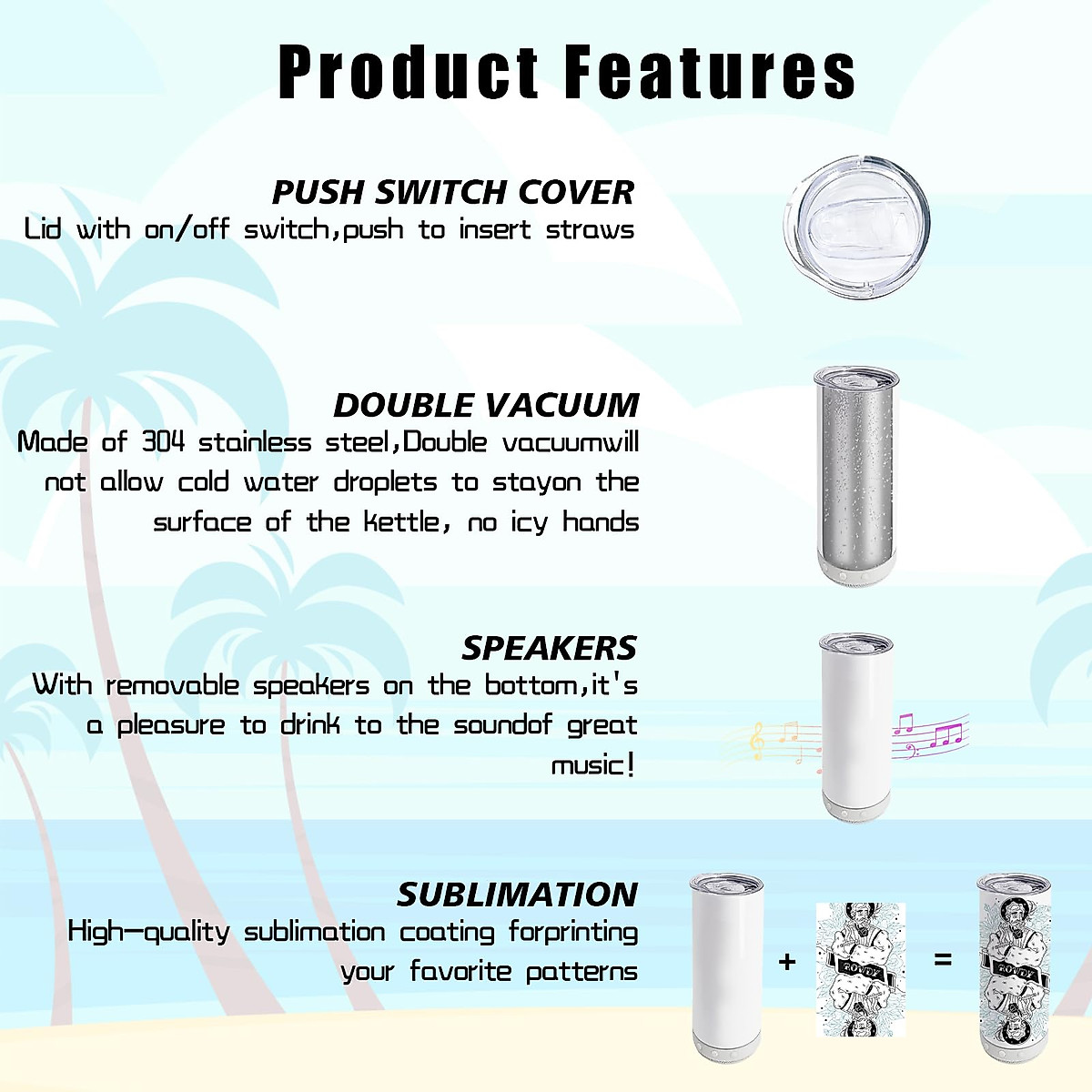 Lilsofee 6 Pack 20 OZ Sublimation Blank Tumblers Bulk Stainless Steels Double Vacuum Bluetooth Speaker Music Insulated Tumbler with Lid and Straw Metal Cup White