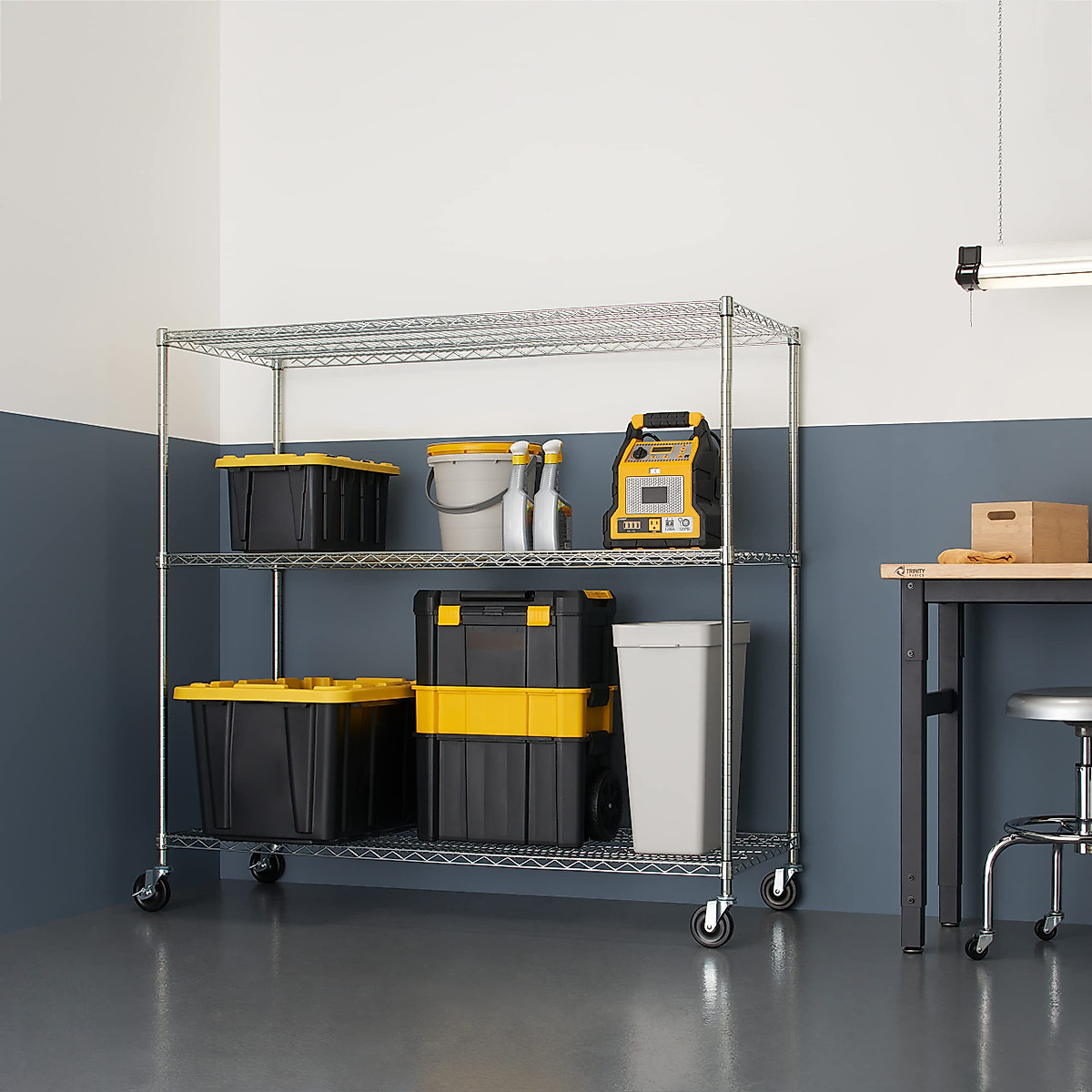 TRINITY Basics 3-Tier Adjustable Wire Shelving with Wheels for Kitchen Organization, Garage Storage, Laundry Room, NSF Certified, 600 to 1350 Pound Capacity, 60” by 24” by 54”, EcoStorage Chrome