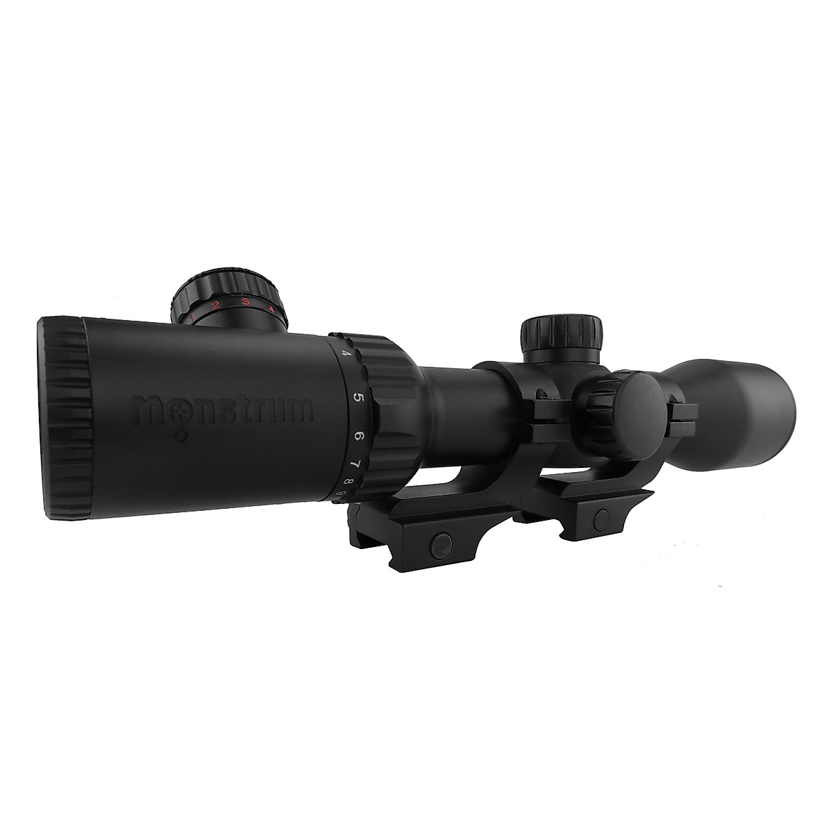 Monstrum 3-12x42 AO Rifle Scope with Illuminated Mil-Dot Reticle and Offset Reversible Scope Rings | Black