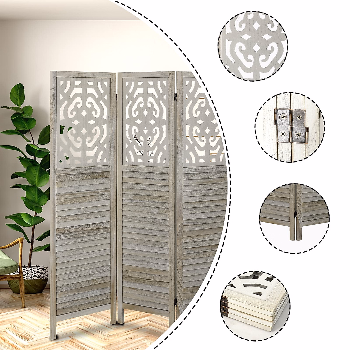 ECOMEX 4 Panel Carved Room Divider 5.6Ft Wood Folding Screens Room Dividers Screen for Bedroom Office Restaurant, Rustic White