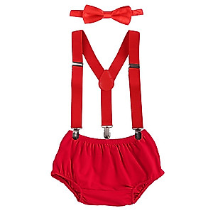 Baby Boys Cake Smash Clothes Diaper Suspenders Pants Bow Tie 3PCS Set First 1st 2nd Birthday Outfit for Photo Prop Party Red 3-24 Months