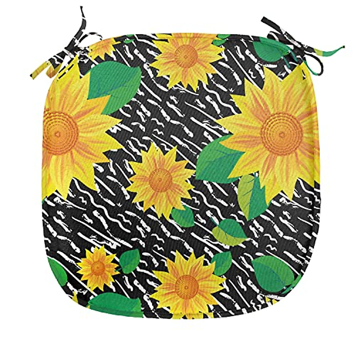 Lunarable Floral Chair Seating Cushion Set of 6, View of Sunflowers on a Background of Monochrome Stripes, Seat Pads for Office with Anti-Slip Backing, 16"x16", Charcoal Grey Yellow