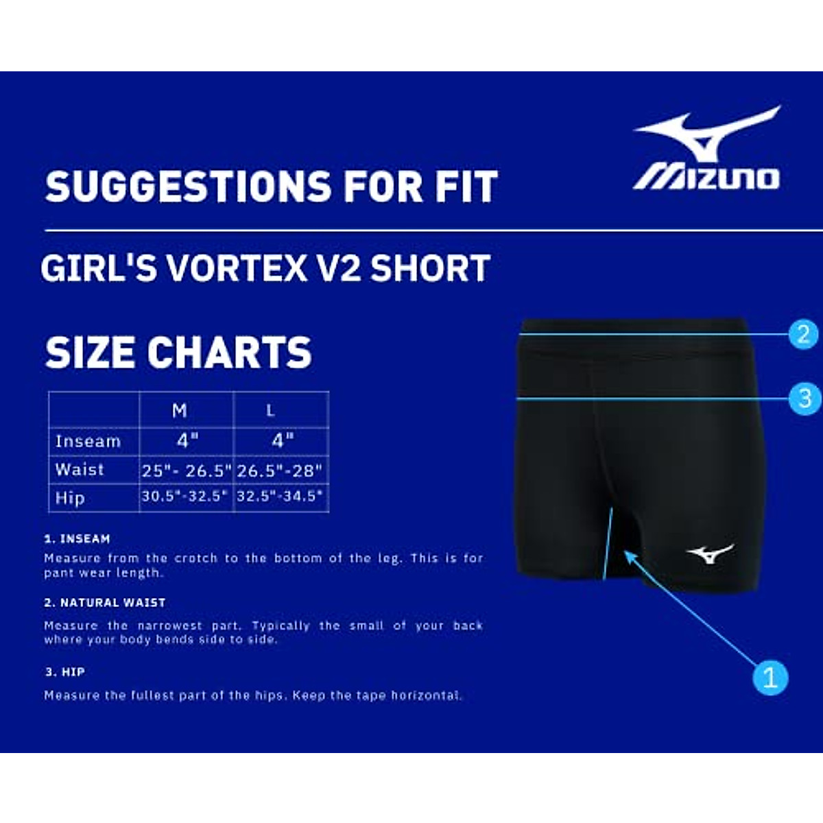 Mizuno Girls' Vortex V2 Volleyball Short, Navy, Large