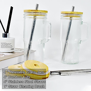 CHLJAR 4Pcs Glass Cups with Lids and Straws, 24oz Mason Jar Iced Coffee Cup Drinking Jars Glasses Tumbler with Handle Bamboo Lids Wide Mouth Travel Mug for Bubble Tea, Iced Coffee, Smoothie, Beer