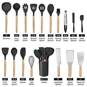 Leonyo 20 PCS Kitchen Utensils Set with Holder, Silicone Cooking Utensil Set Plus Metal Spatulas, Kitchen Gadgets Tools with Spatulas, Turners, Spoons, Tongs, Wooden Handle, Black