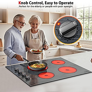 Karinear Electric Cooktop 30 Inch, 4 Burners Electric Stove Knob Control, Built-in Electric Ceramic Cooktop with Beautiful Woodgrain Pattern Glass Surface, 6700W, 220-240v Hard Wired(No Plug)