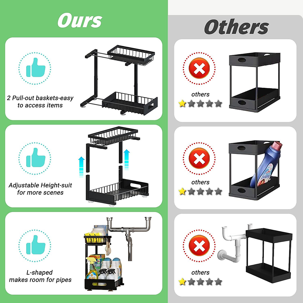 ADBIU Under Sink Organizer(10 Seconds Installation), 2 Packs 2 Tier Expandable Height (11" - 16") Under-Sink Organizers Slide out Pull out Bathroom Kitchen Organizers And Storage