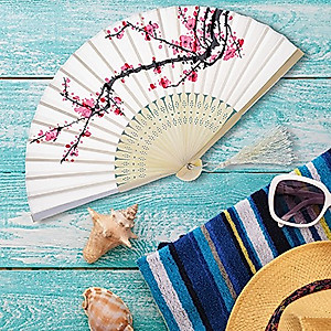 2 Pieces Folding Fans Handheld Fans Bamboo Fans with Tassel Women's Hollowed Bamboo Hand Holding Fans for Wall Decoration, Gifts (White Cherry)