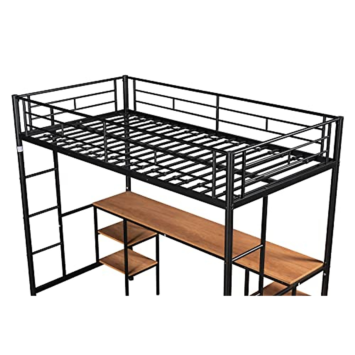 Metal Twin Loft Bed with Desk and Storage Shelves, Space-Saving Bed Frame with 2 Side Ladders and Safety Guard Rails for Kids Teens Adults, No Box Spring Needed