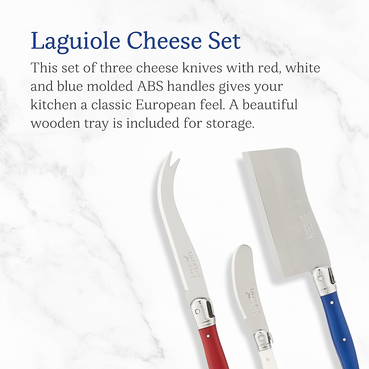Jean Dubost Laguiole 3-Piece Cheese Knife Set, Paris-Colored Handles - Rust-Resistant Stainless Steel - Includes Wooden Tray - Made in France