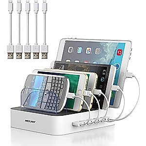 Charging Station for Multiple Devices, MSTJRY 5 Port Multi USB Charger Station with Power Switch Designed for iPhone iPad Cell Phone Tablets (White, 6 Mixed Short Cables Included)