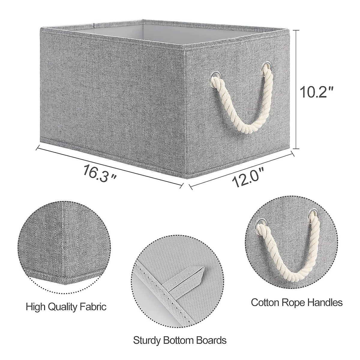 TOPIA HOME Closet Organizers and Storage Bins for Shelves, EXTRA LARGE, 3-Pack Foldable Storage Baskets for Organizing with Rope Handles, Collapsible Fabric Cube Organization Boxes, Gray, TP03DG