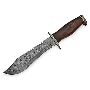 SFG - 13" Fixed Blade Hunting Bowie Knife, Damascus Steel Blade, Non-Slip Walnut Wood Handle, Lanyard Hole, Hunting, Camping, Backpacking, Fishing, Unique Gift Item For Him