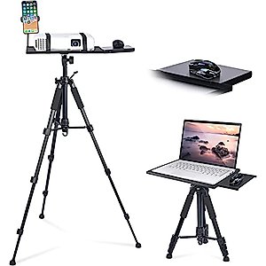 Klvied Universal Projector Tripod Stand - Laptop Tripod Stand with Removable Mouse Tray and Gooseneck Phone Holder, Laptop Floor Stand Adjustable 17.6 to 51.4 Inch, Projector Stand for Stage, Studio