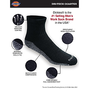 Dickies Men's Dri-Tech Moisture Control Quarter Socks, Available in M-XXL (6, 12, 18, Black (6 Pairs), Large