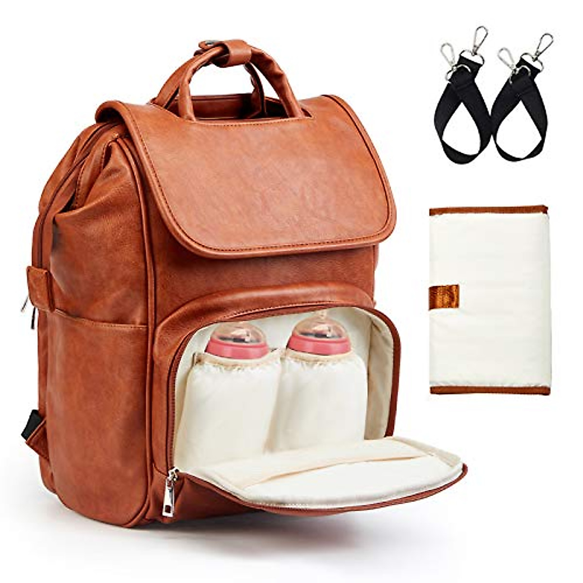 Solim Leather Diaper Bag Backpack Travel Essentials Baby Tote with Changing Pad Pacifier Case 15 Pockets Multi-functional Baby Diaper Bag Backpack Brown