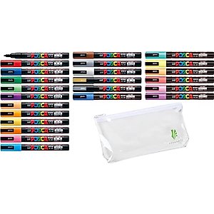 Uni POSCA Paint Marker Pen - Fine Point - Non Alcohol - Odorless Water Resistant Maker - Set of 24 (PC-3M15C & PC-3M7C & Gold & Silver) with Original Vinyl case