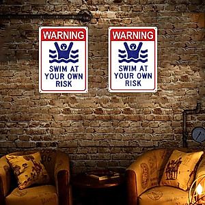 Warning Swim at Your Own Risk Pool Sign, Metal Pool Signs for Outdoor, Swimming Pool, Water Park Safety Tin Sign 12x8inch