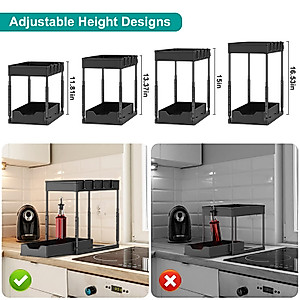 Adjustable Height Under Sink Organizers and Storage, 2 Tier Sliding Bathroom Organizer Under Sink,Multipurpose Under Kitchen Sink Organizers and Storage With 4 Hooks for Bathroom Kitchen Desktop