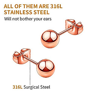 UHIBROS Hypoallergenic Studs Earrings 316L Surgical Stainless Steel Earrings Round Ball Earring for Women Men 5 Pairs Assorted Sizes(4mm-8mm)