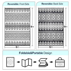 DiiKoo Outdoor Rug Mat for Patio, 6x9ft Waterproof Reversible Plastic Straw Rugs, Camping Carpet Area Mats for RV, Porch, Deck, Backyard, Balcony, Camper, Picnic, Beach, Trailer, Black & White