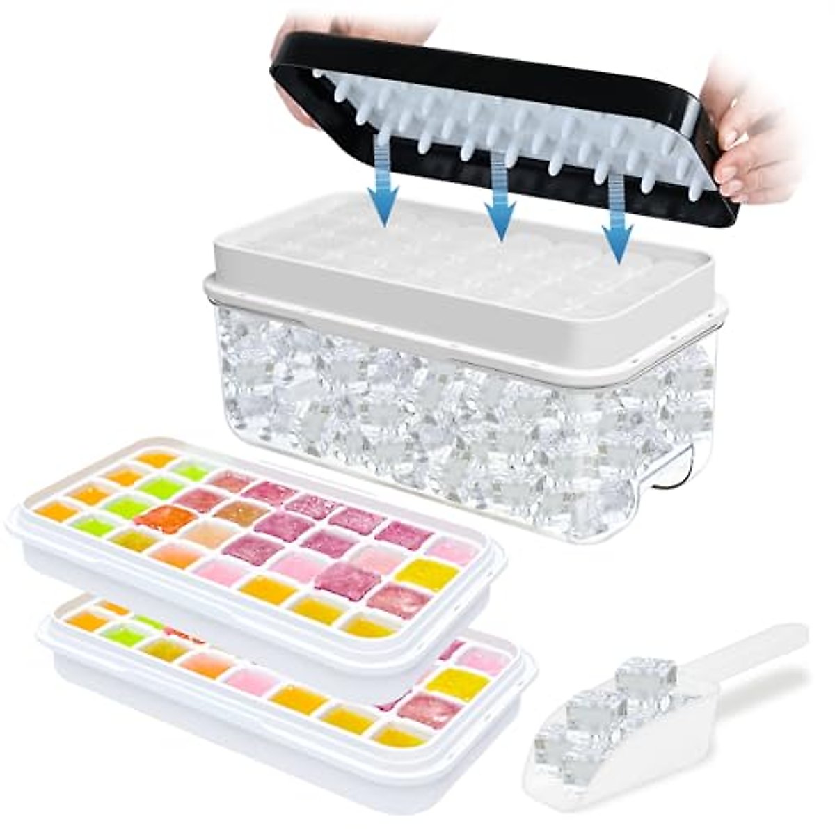 Ice Cube Tray,Ice Trays for Freezer with Lid and Bin,Ice Cube Trays for Freezer with 2 trays,Easy Release 64 pcs Ice,Ice Cube Molds,BPA Free