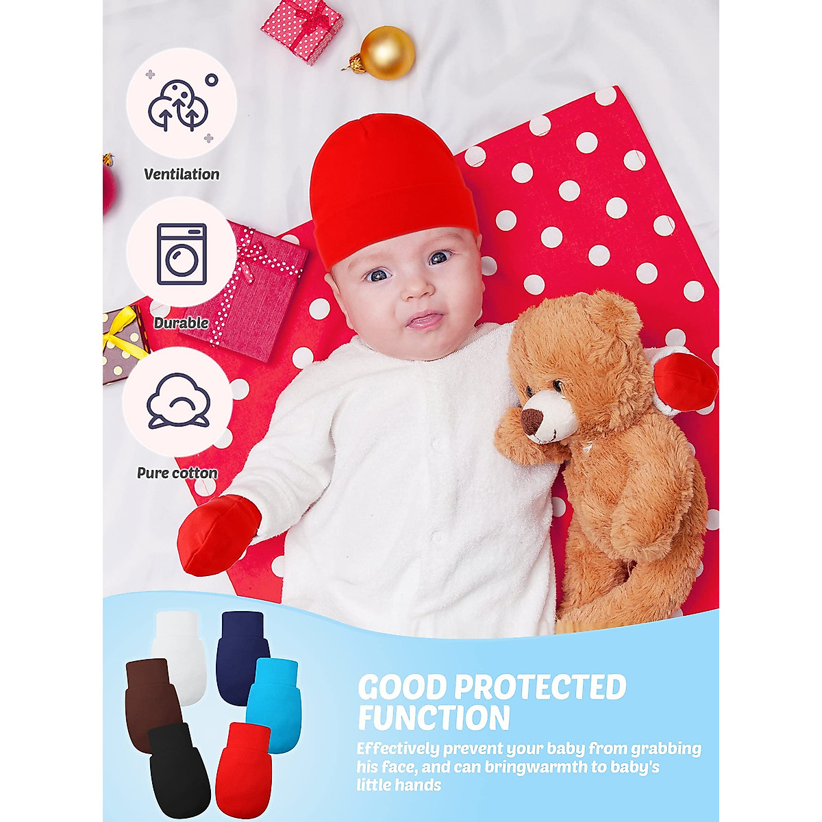 Newborn Hats and Mittens Set Unisex Baby Beanie Hats Gloves (8 Colors,16 Pieces)