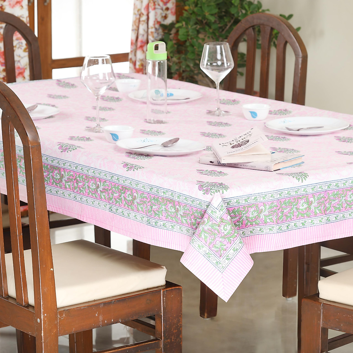 ABHOOH Hand Block Print Tablecloth for Rectangle Table, Block Print Table Cover for Kitchen Dinning Tabletop Decoration Parties Weddings Bithday Christmas (60 X 108 Inches)