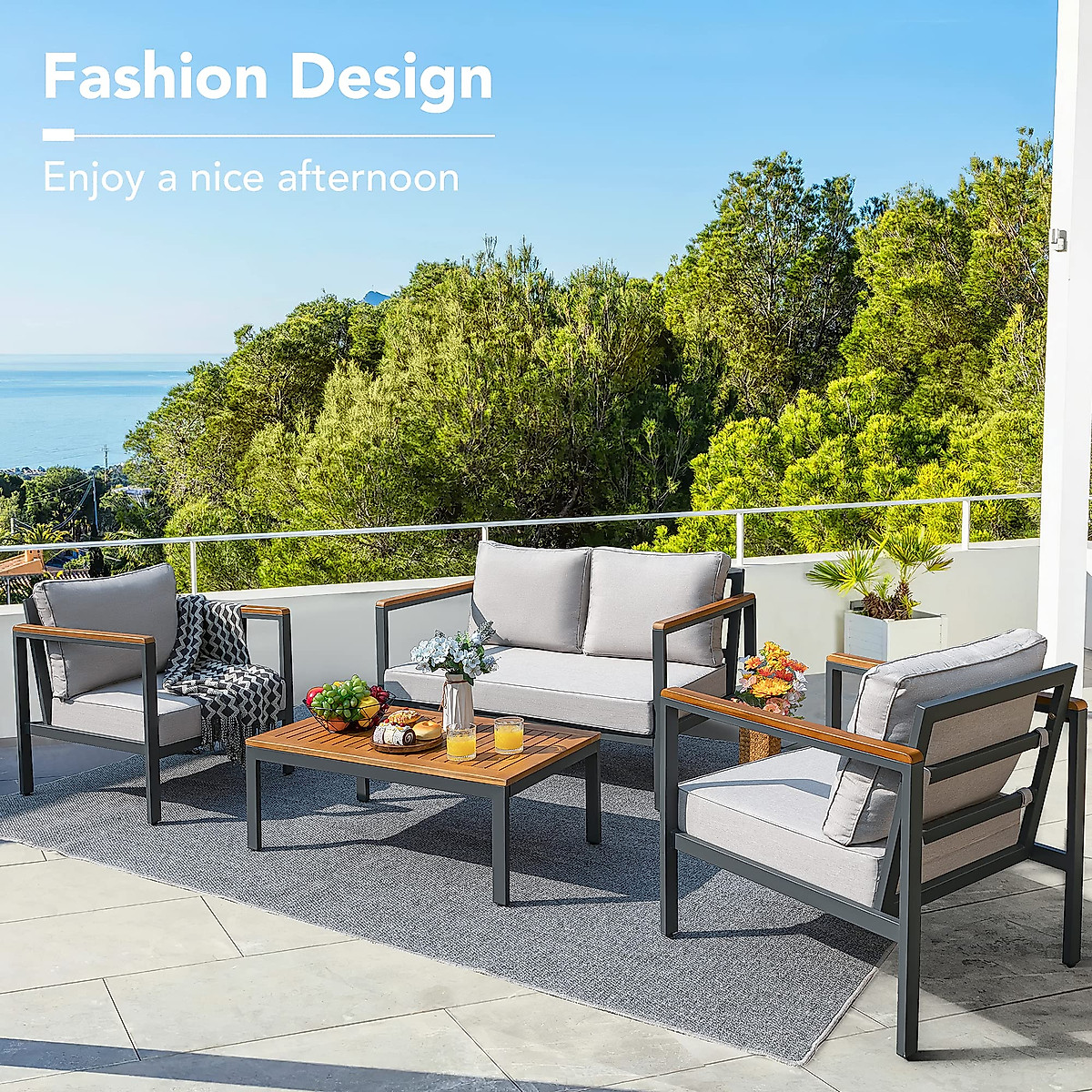 Devoko 4 Pieces Patio Furniture Sets Outdoor Conversation Set Acacia Wood Sofa Set with Coffee Table Thicker Sponge Cushion