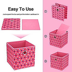 i BKGOO Foldable Storage Cube Drawer Bins Set of 6 Collapsible Fabric Storage Boxes with Round Metal Grommets for Organizing Shelf Nursery Home Closet Dots Pink 10x10x10 inch