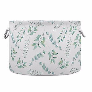 ALAZA Large Storage Basket for Toys Eucalyptus Leaf Green Tropical Plant Round Blanket Basket Laundry Hamper Canvas Organizer Bin Box Cotton Rope Collapsible Bucket Pillow Home Decor