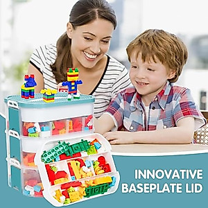 Storage Organizer for Lego Plastic Kids Toy Container Box Stackable Building Block Playroom Organization Bin with Bricks Baseplate Lid 3 Layers Adjustable Compartments Portable Chest Case