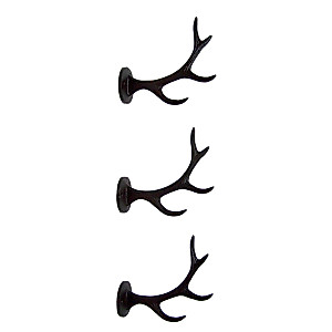 Wowser Four Point Dark Brown Deer Antler Cast Iron Wall Mount Coat Hooks, 5 1/2 Inch, Set of 3