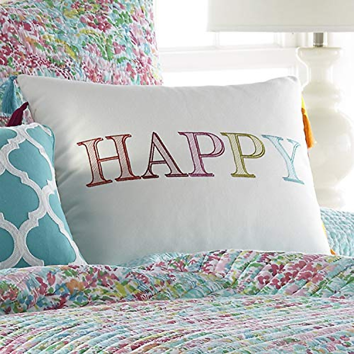 Levtex Home - Karolynna - Decorative Pillow (14 X 18in.) - Happy - Teal, Salmon, Green, Wild Berry