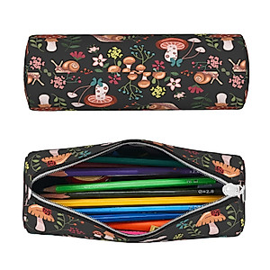 Ykklima Mushroom Snails Butterfly Flower Pattern Leather Pencil Case Zipper Pen Makeup Cosmetic Holder Pouch Stationery Bag for School Work Office