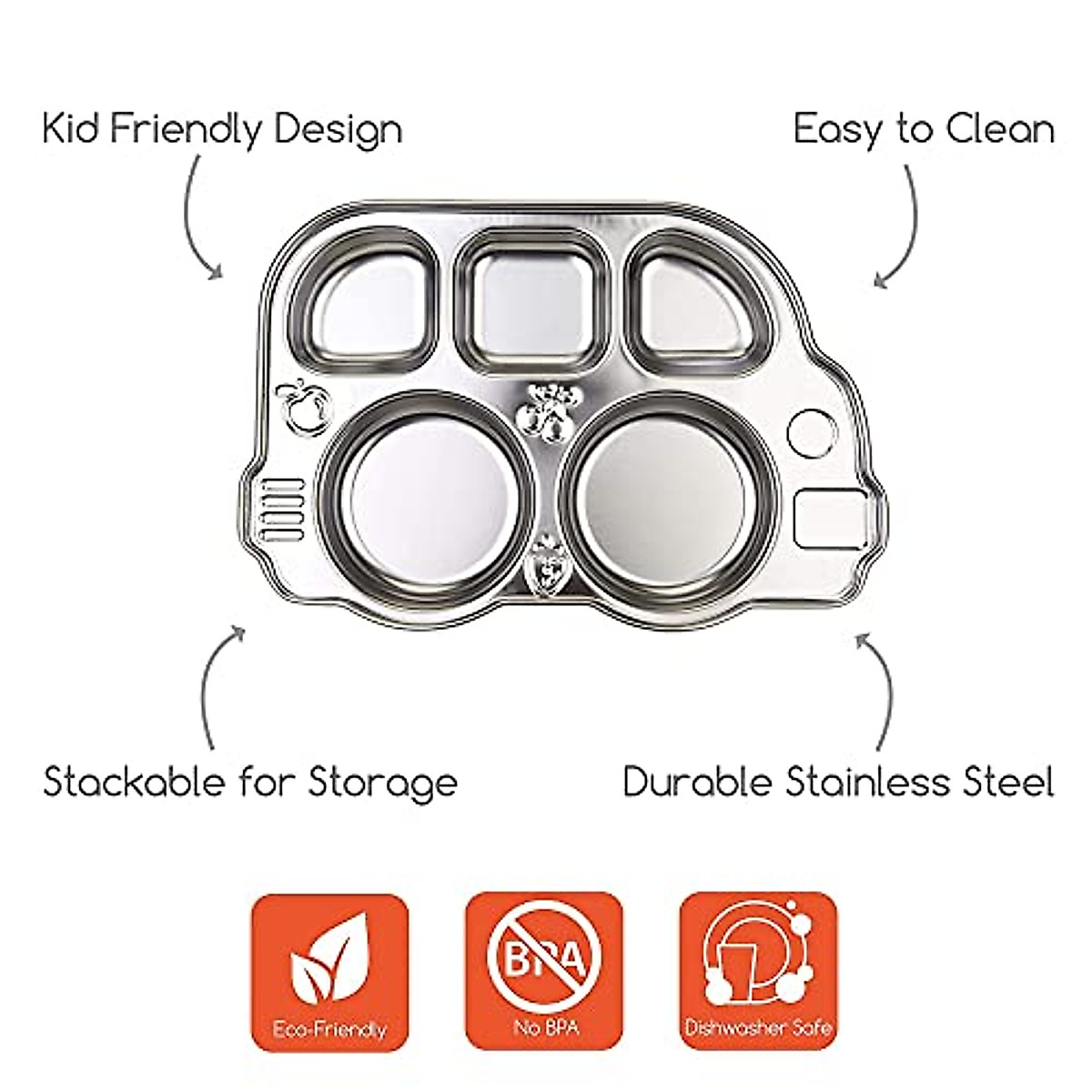 Innobaby Stainless Bus Plate, The Original, Rust Free, Safe Divided Platter, Mom Invented Fun Shape Plate Din Din SMART for Babies, Toddlers and Kids, BPA Free Plate