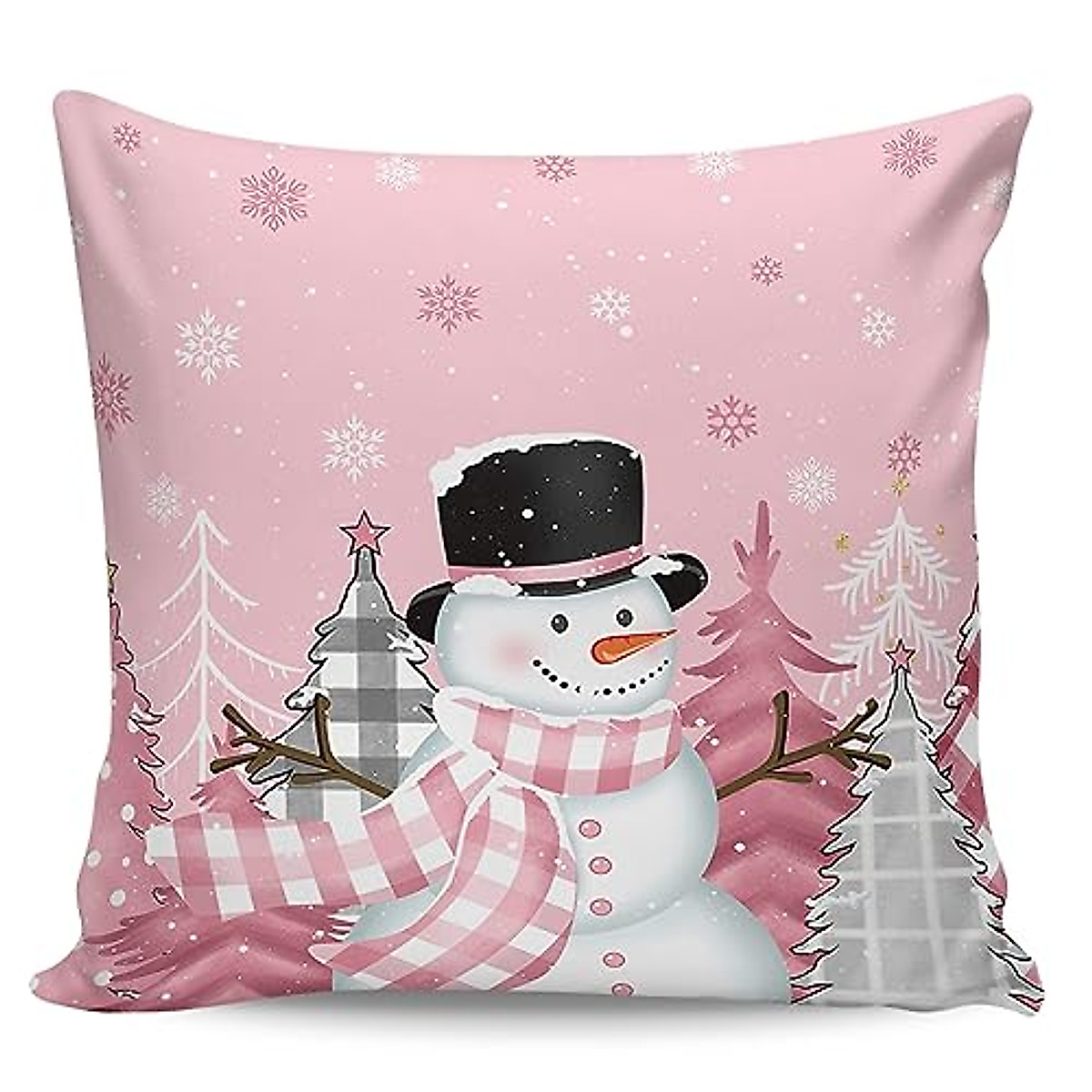 Fantasy Staring Snowman Throw Pillow Covers 18" x 18" Pink Christmas Snowflake Xmas Tree Winter Soft Short Plush Pillow Case for Couch/Sofa/Bedroom/Car