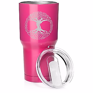 Smooth Body Tumbler Stainless Steel Vacuum Insulated Travel Mug Cup Gift Celtic Tree Of Life Irish (30 oz, Hot Pink)