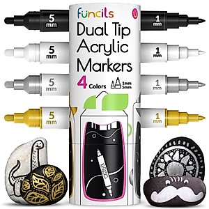 Funcils 4 Dual Tip Acrylic Paint Pens - Fine Tip & Medium, Permanent & Waterproof - Acrylic Paint Markers for Rock Painting, Canvas, Wood, Ceramic, Glass, Fabric, Metal - White, Black, Gold & Silver