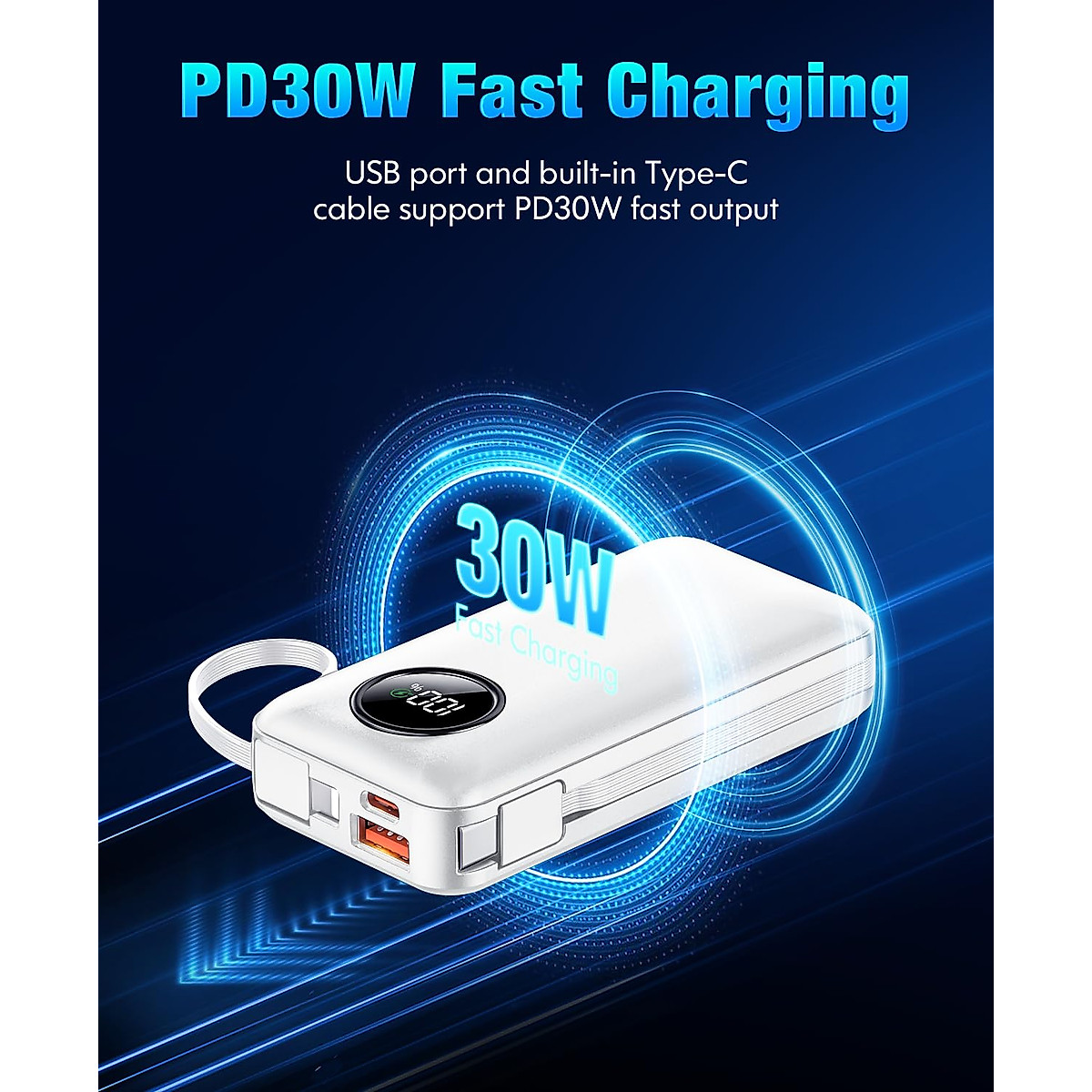 Portable-Charger-Power-Bank - 15000mAh PD 30W Power Bank, Built in Type-C(30W) and iOS(20W) Output Cables LED Display for iPhone and Android Phones and Most Electronic Devices(White)