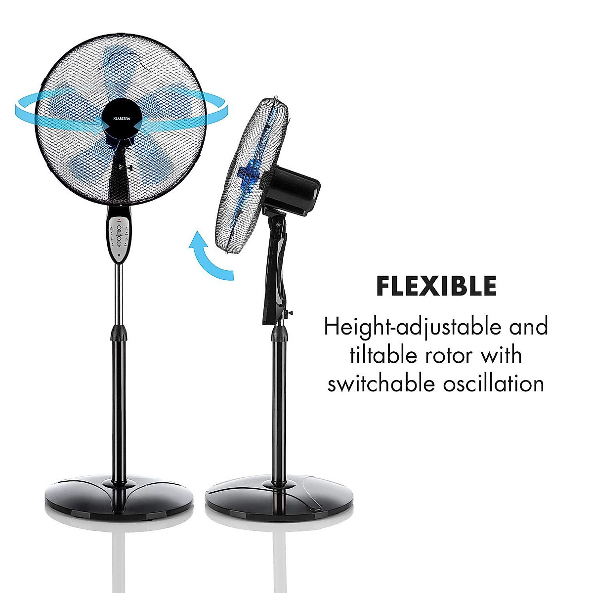 Klarstein Summerjam - Pedestal Fan, Stand Fan, Rotor Diameter: 16 inches, 50 Watts, 3 Speeds, Oscillation: 80 °, Timer, Remote Control, Height Adjustable, Color: Black