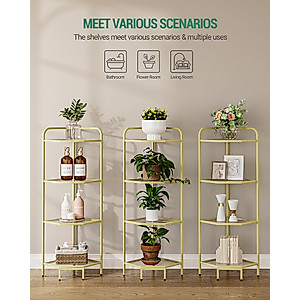 Hzuaneri Corner Shelf Stand, Glass Bookshelf Bookcase, Bathroom Organizer, Plant Stand, Steel Frame, Tempered Glass, Modern Style for Living Room, Bathroom, Kitchen, 4-Tier Golden CS90400G