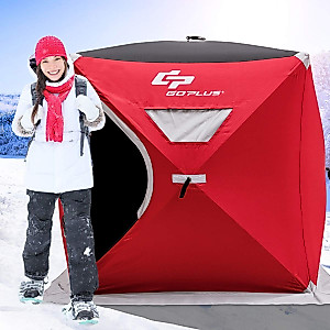 Waitpant Portable Ice Shelter, Quickly Pop-up Ice Fishing Tent Shanty with Portable Bag, Cold-Resistant, Strong Wind Resistance, Waterproof, Zippered Door, Built-in Storage Pocket, Red (2-Person)
