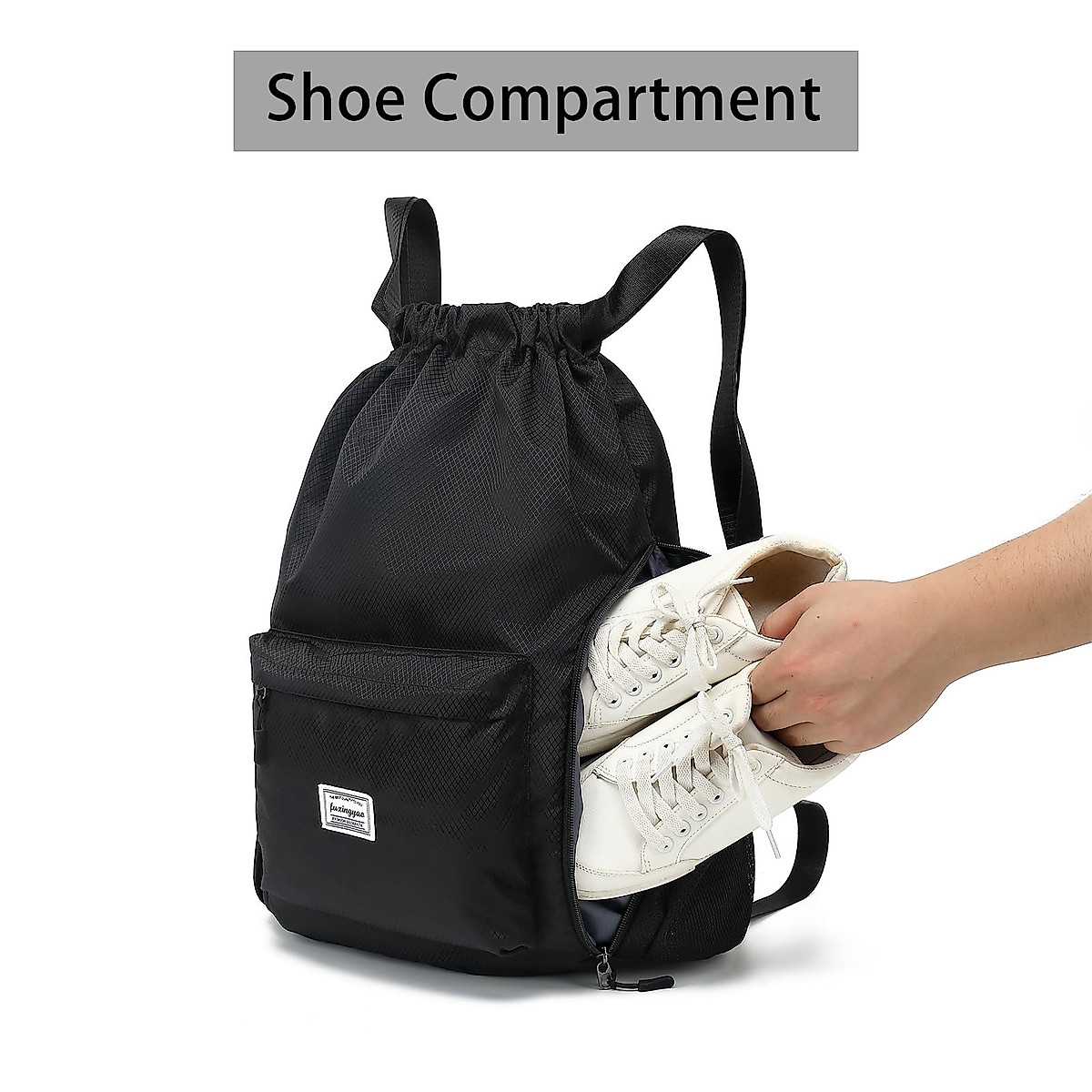 FUXINGYAO Drawstring Backpack Sports Gym Bag with Shoes Compartment, String Backpack Cinch for Women Men (Black)