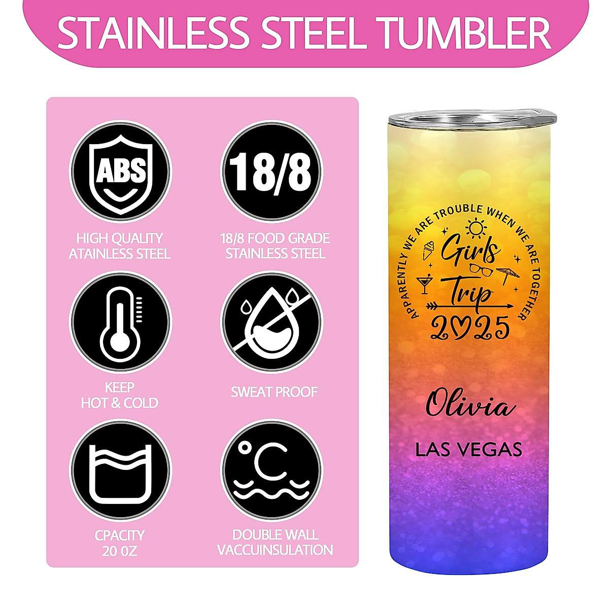 Personalized Girls Trip Tumblers with Name, Beach Cruise Insulated Cup with Lid and Straw, Girls Weekend Gift for Women, 2025 Girl Trip Gifts, Family Vacation Tumbler, Bachelorette Party Cups