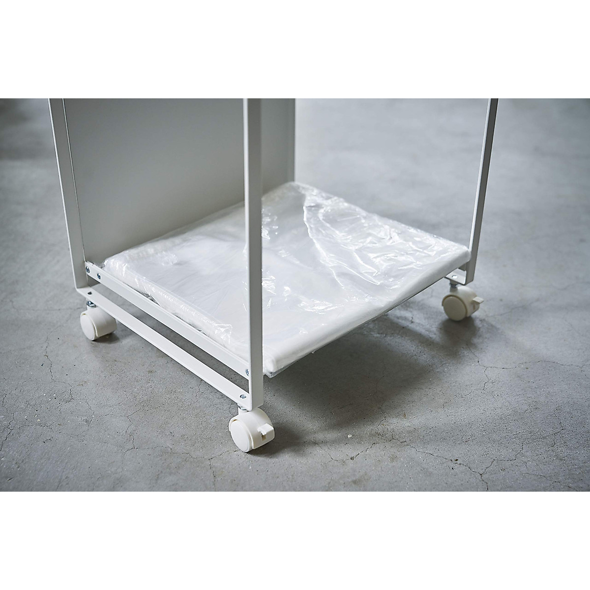 Yamazaki Home Concealed Rolling Sorter-Garbage Storage Basket On Wheels | Steel + Wood | Trash Can-Kitchen, One Size, White